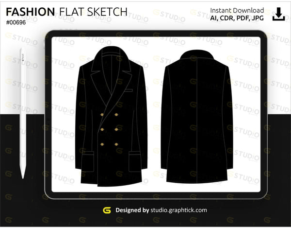 DOUBLE BREASTED TRENCH COAT FLAT SKETCH - shop.graphtick.com