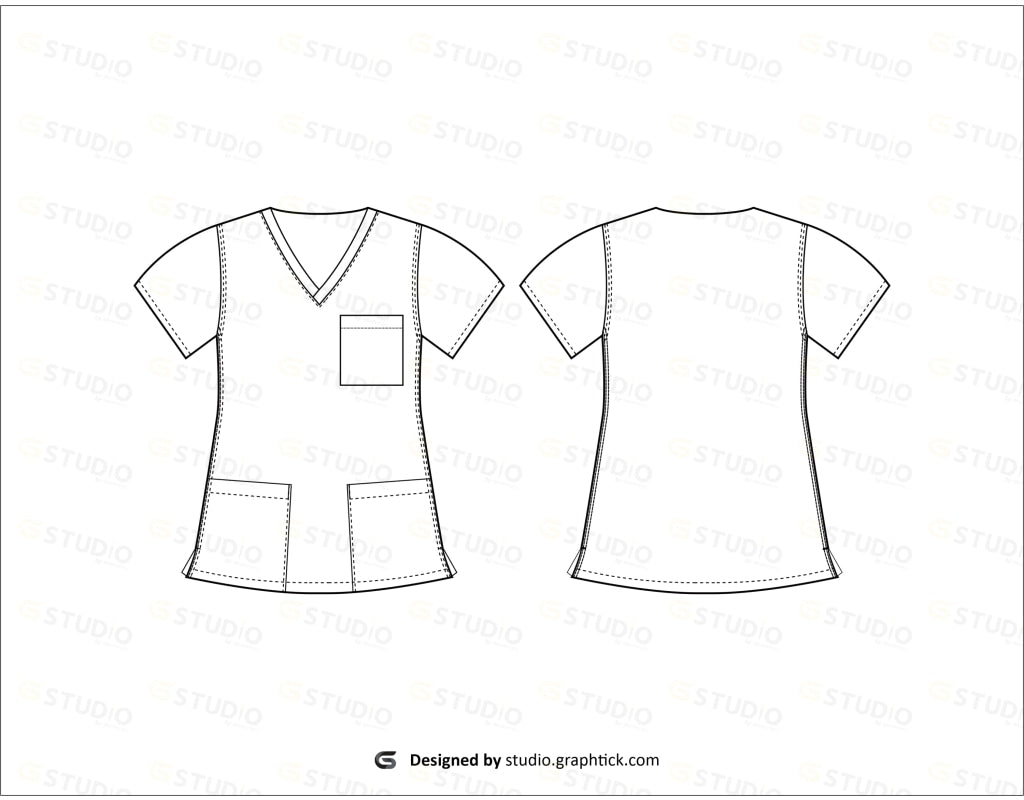 SHORT SLEEVE MEDICAL SCRUBS TOP FLAT SKETCH - shop.graphtick.com